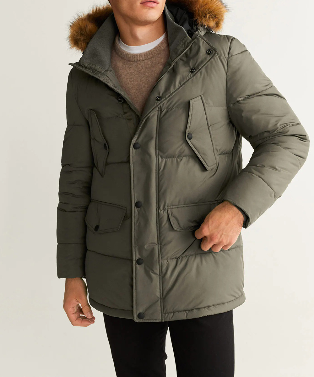 Geaca de iarnă Mango cu gluga, verde - ab239267 | outletmag.ro