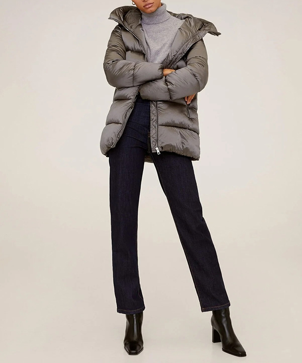 Geaca de iarnă Mango cu gluga, gri - as240237 | outletmag.ro