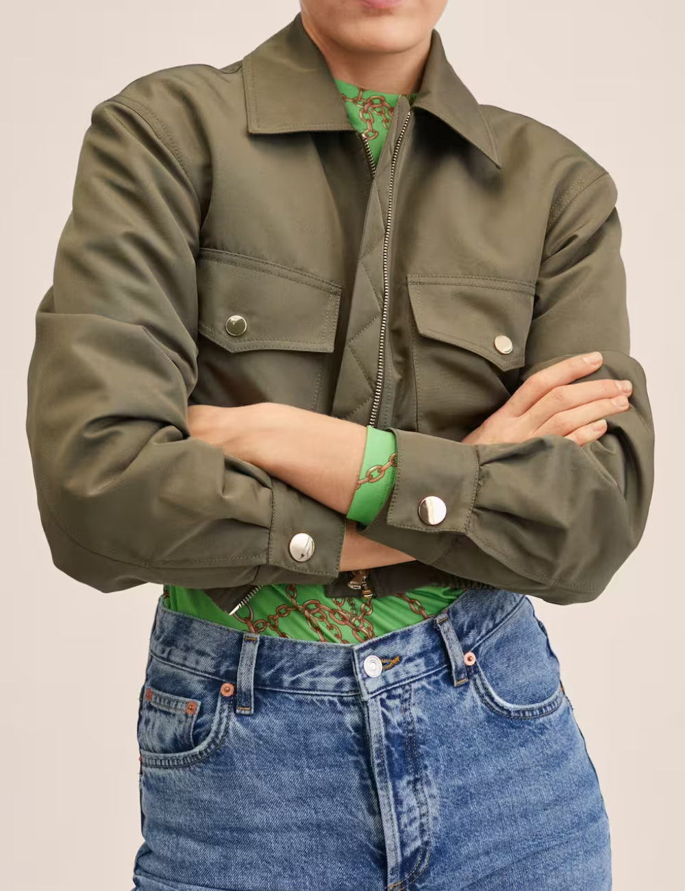 Geaca casual Mango cu capse și fermoar, verde - om396074 | outletmag.ro