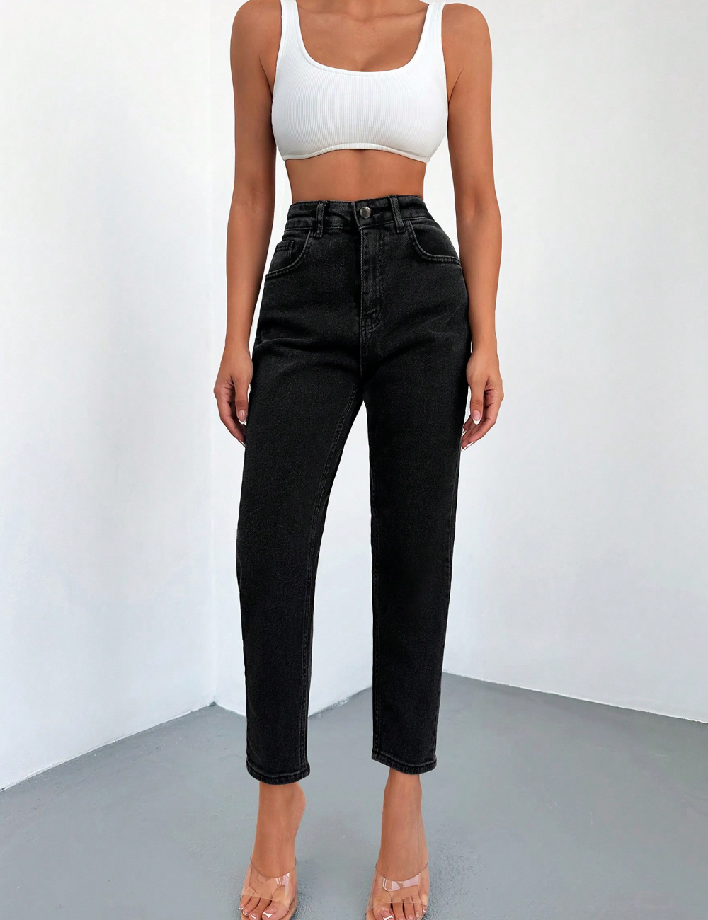 Blugi casual SHEIN cu capse și fermoar, negru - vd399327 | outletmag.ro