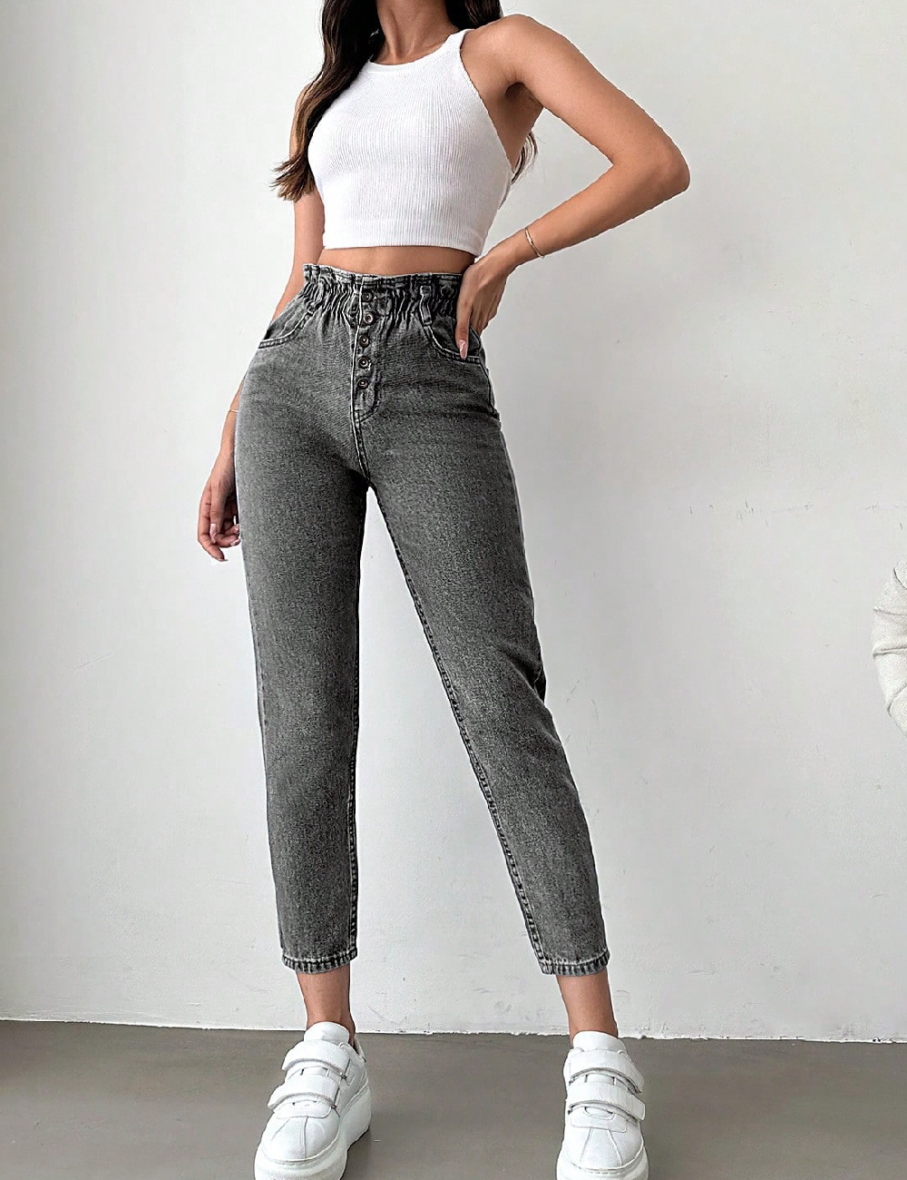 Blugi casual SHEIN cu capse, gri - sa484565 | outletmag.ro