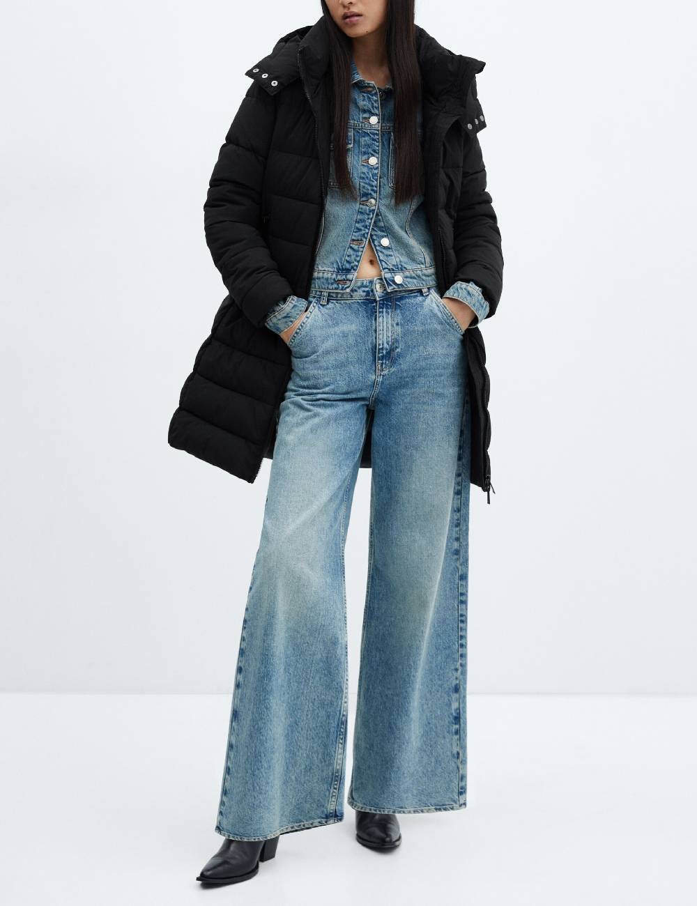 Geaca casual de iarnă Mango cu capse, fermoar și gluga, negru ...