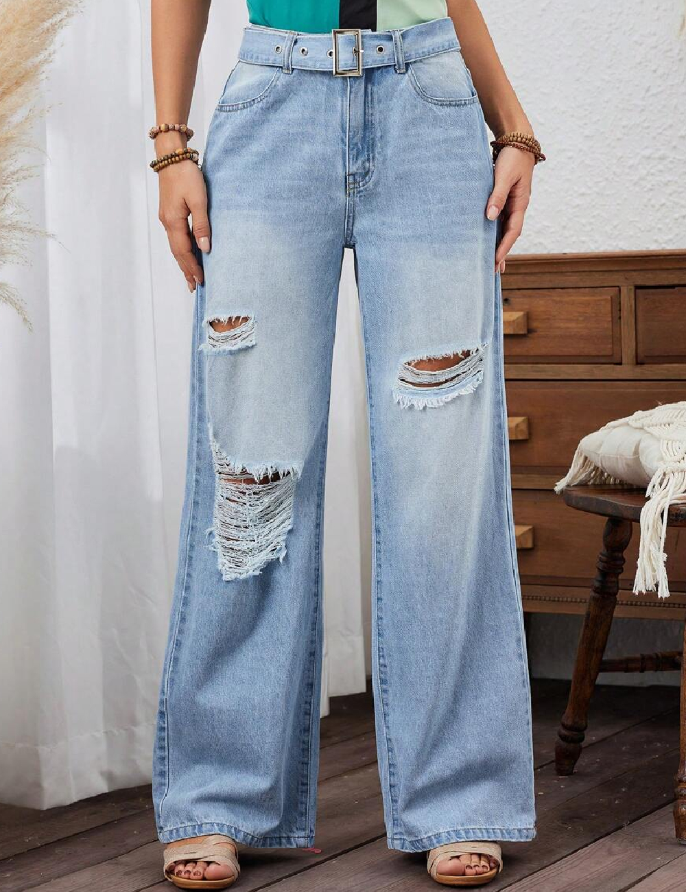 Blugi casual SHEIN cu capse, curea și fermoar, albastru - od506099 ...