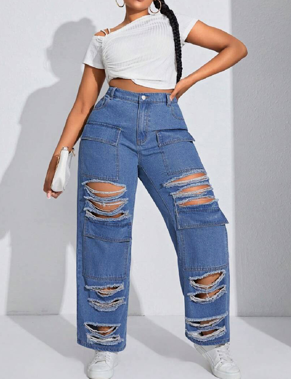 Blugi casual SHEIN CURVE cu capse și fermoar, albastru - pl524508 ...