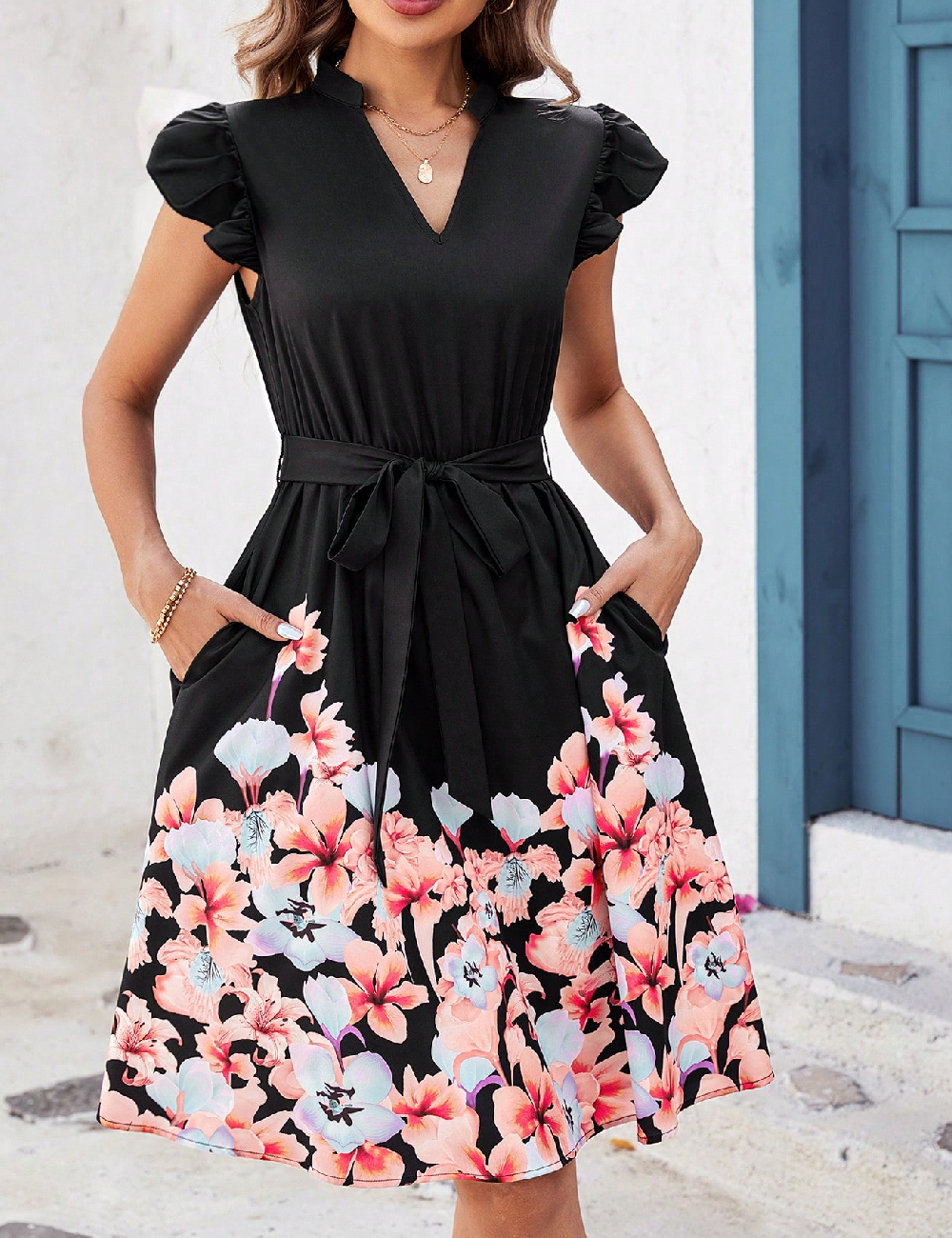 Rochie medie casual SHEIN cu cordon, negru - rm618915 | outletmag.ro