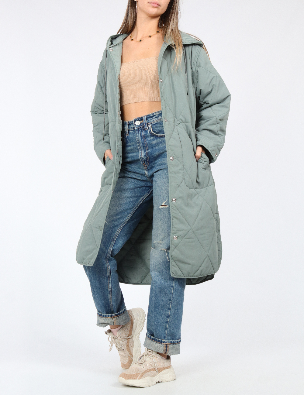 Geaca casual Pull&Bear cu capse, gluga și snur, verde - am638912 ...
