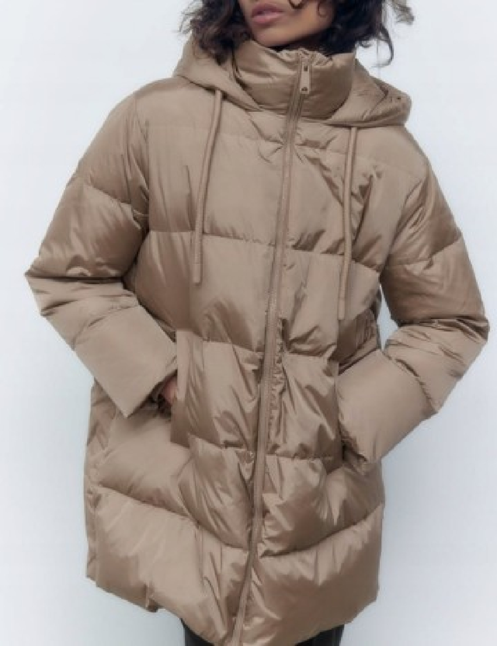 Geaca casual de iarnă Zara cu fermoar și snur, maro - rm638996 | outletmag.ro