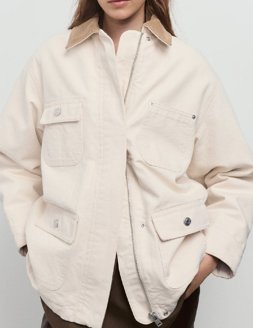 Geaca casual Mango cu capse și fermoar, crem - cb649309 | outletmag.ro