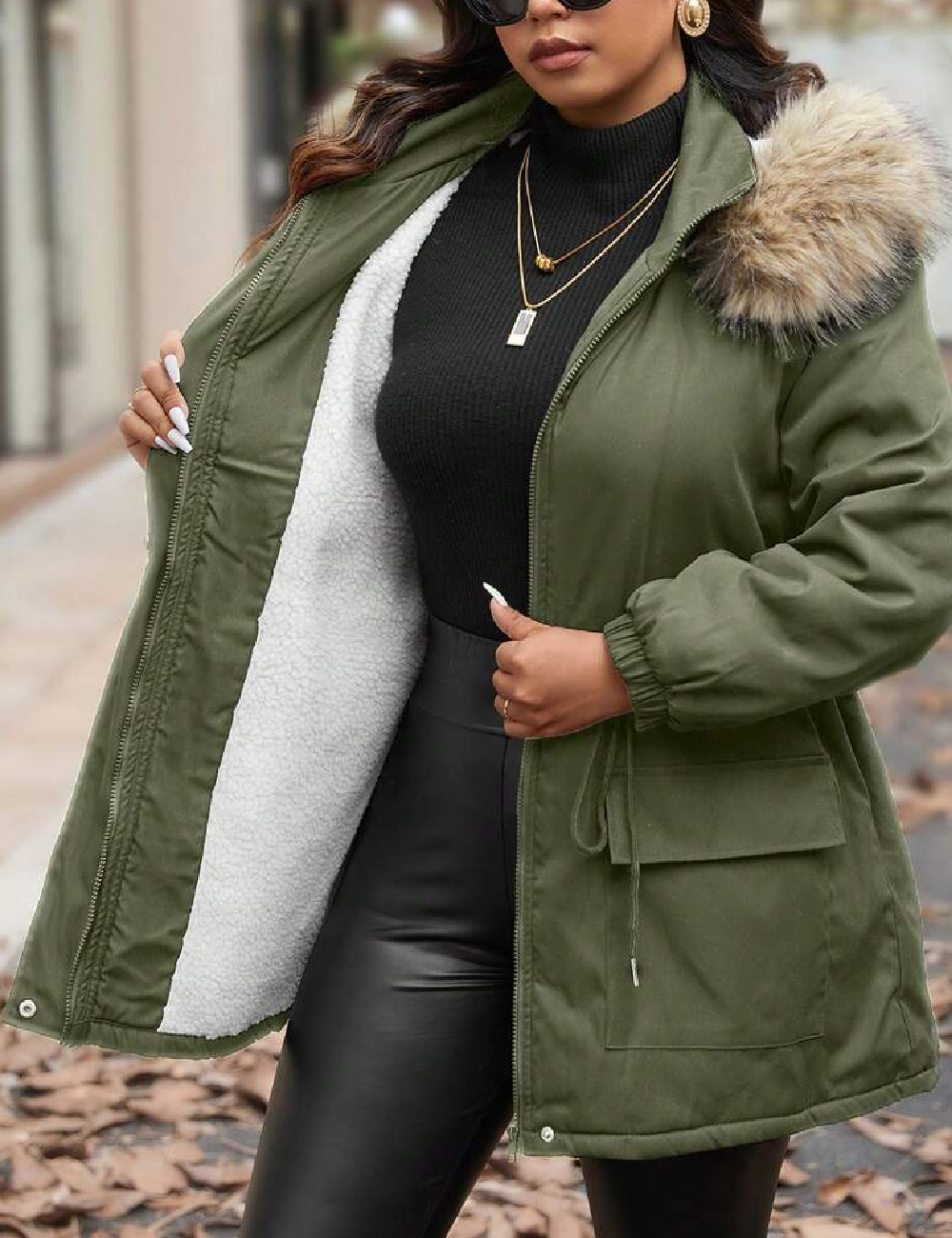 Geaca casual SHEIN CURVE cu capse, fermoar și gluga, verde - ia666607 ...