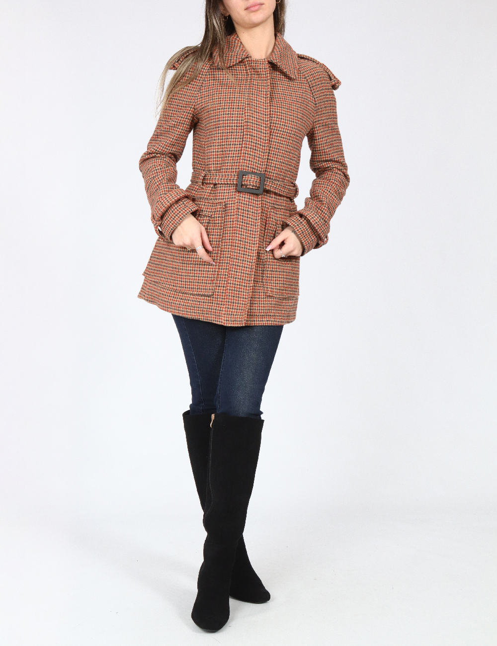 Palton casual Zara cu curea și nasturi, maro - pa667361 | outletmag.ro